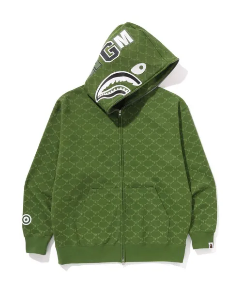베이프 컬리지 모노그램 릴렉스 핏 샤크 풀 집 후드 그린 Bape College Monogram Shark Full Zip ...