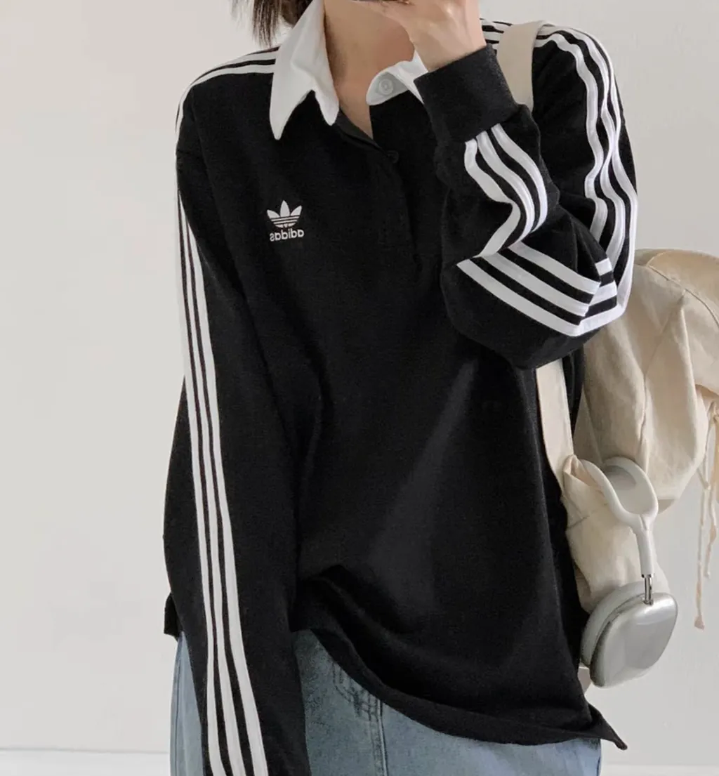아디다스 오리지널 럭비 폴로 삼선 카라 긴팔 티셔츠 롱슬리브 블랙 IZ4806 | 크로켓