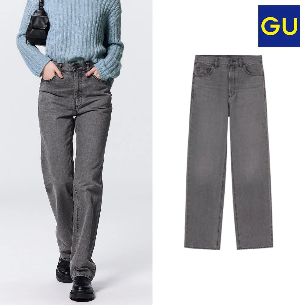 일본 지유 GU 여성 하이라이즈 스트레이트 팬츠 EC 80cm 롱버전 빅사이즈 청바지 캐주얼 바지 그레이 | 크로켓