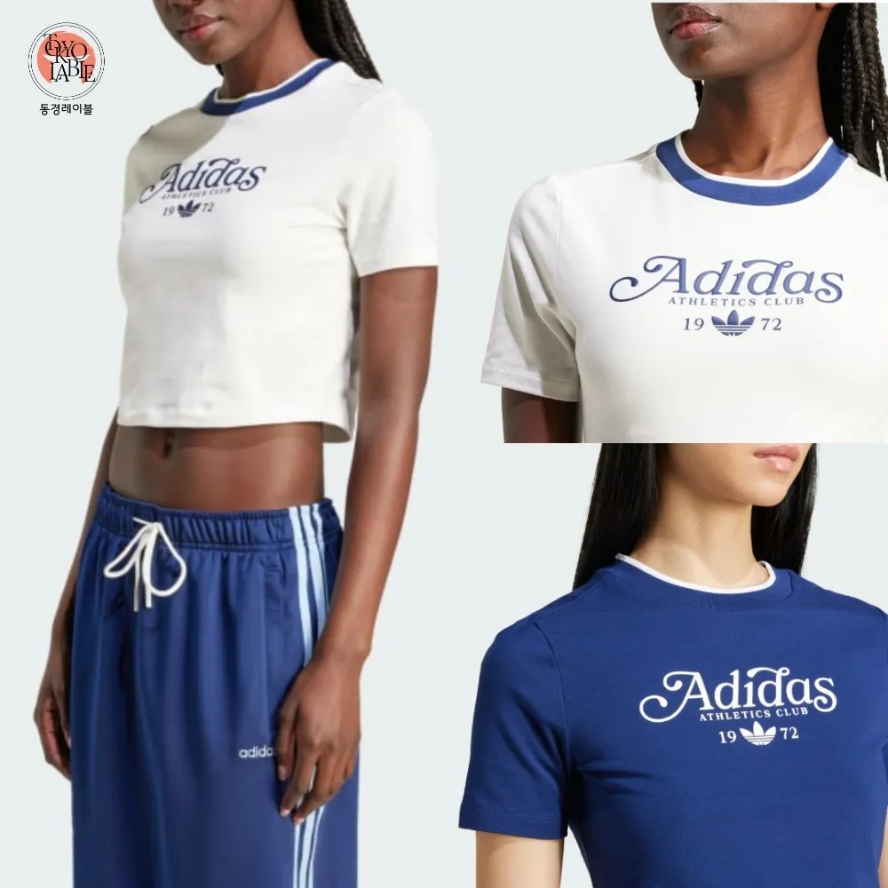 아디다스 오리지널 삼선 슬림 반팔 크롭 티셔츠 화이트 블루 IX3532 | 크로켓