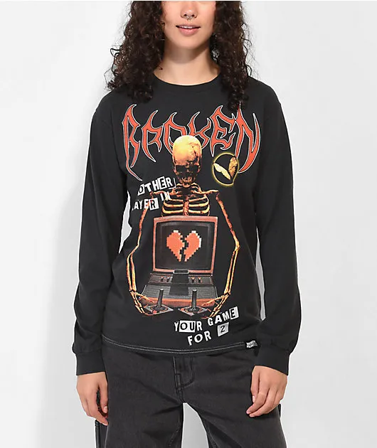 미국 Broken Promises Game For 2 Black Wash Long Sleeve T-Shirt 여성 티셔츠 | 크로켓