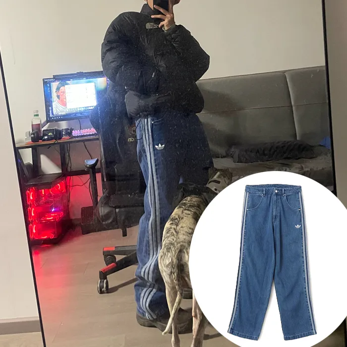 아디다스 남자 스트라이프 세미 와이드 데님 팬츠 중청 진청 청바지 JC6234 | 크로켓