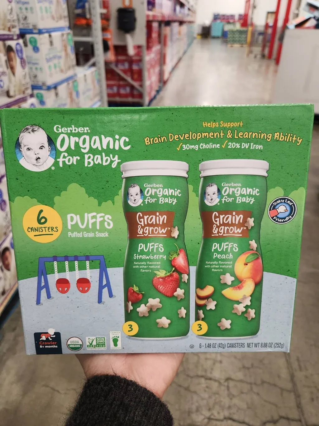 거버 유기농 그레인 & 그로우 시리얼 퍼프 베리어티 팩, 복숭아와 딸기 맛, 42g 6팩 | 크로켓