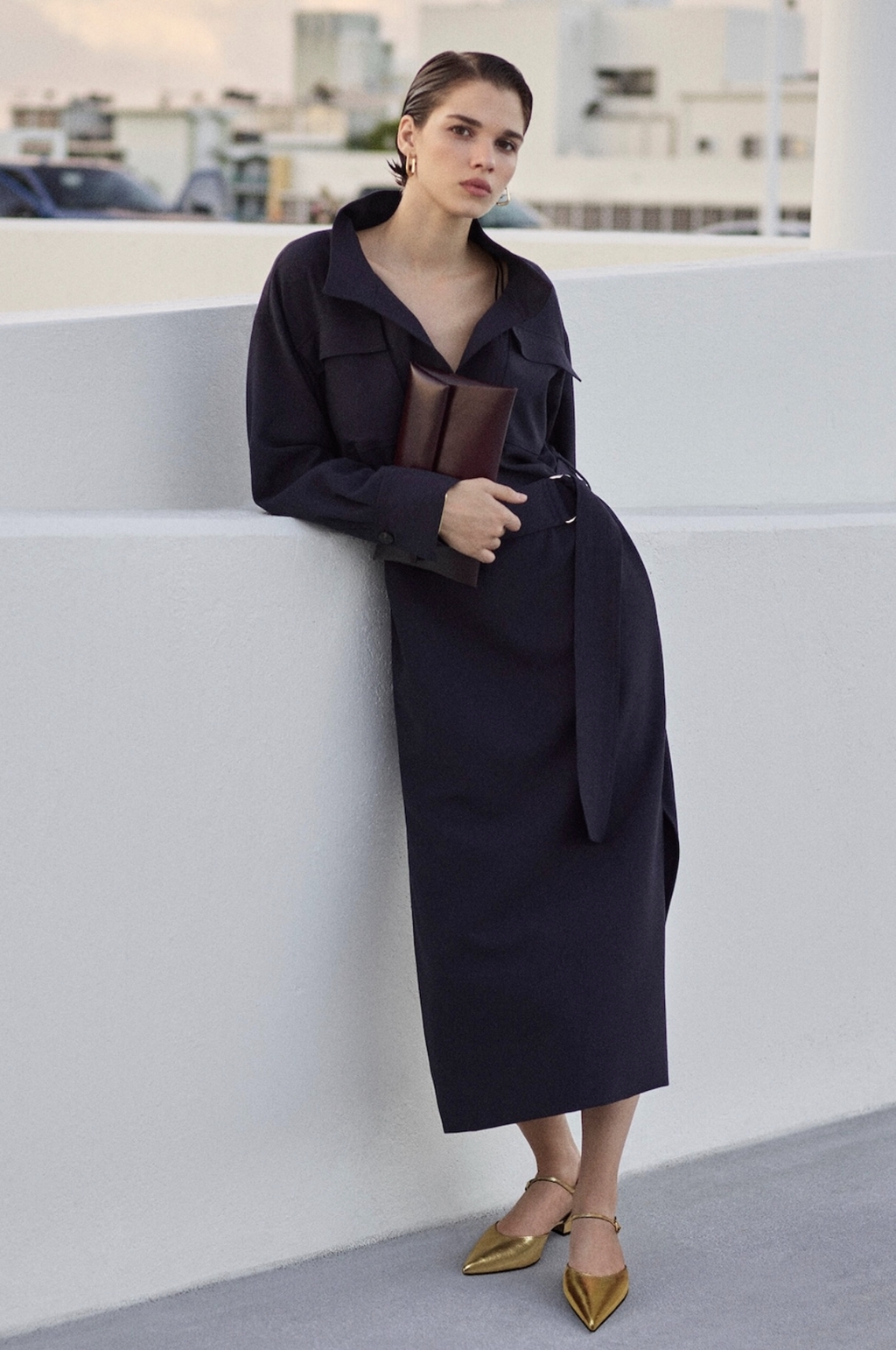 마시모두띠 Massimp Dutti 여자 스탠드업 카라 셔츠 드레스 원피스 다크 블루 6664/714 | Croket